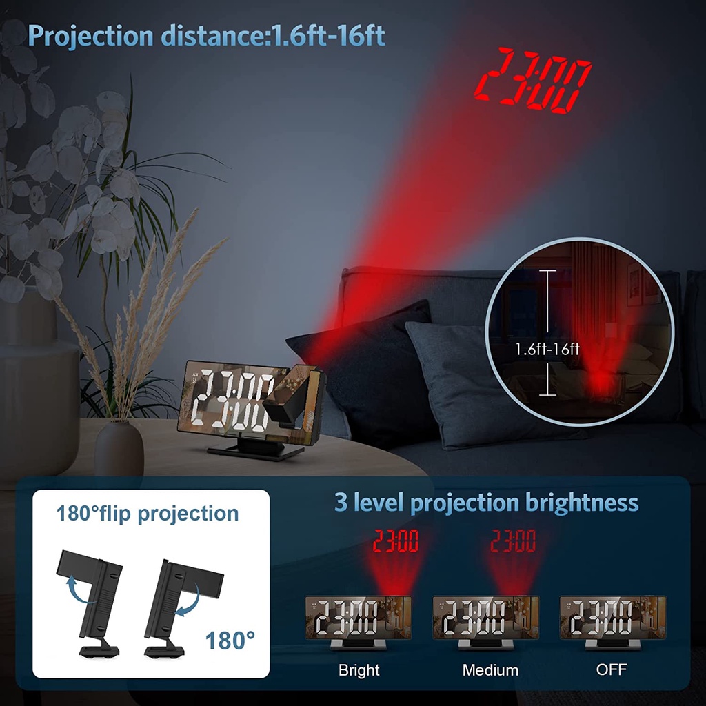 Projection Alarm Clock Mirror Clock 12/24H Display Temperature Snooze ...