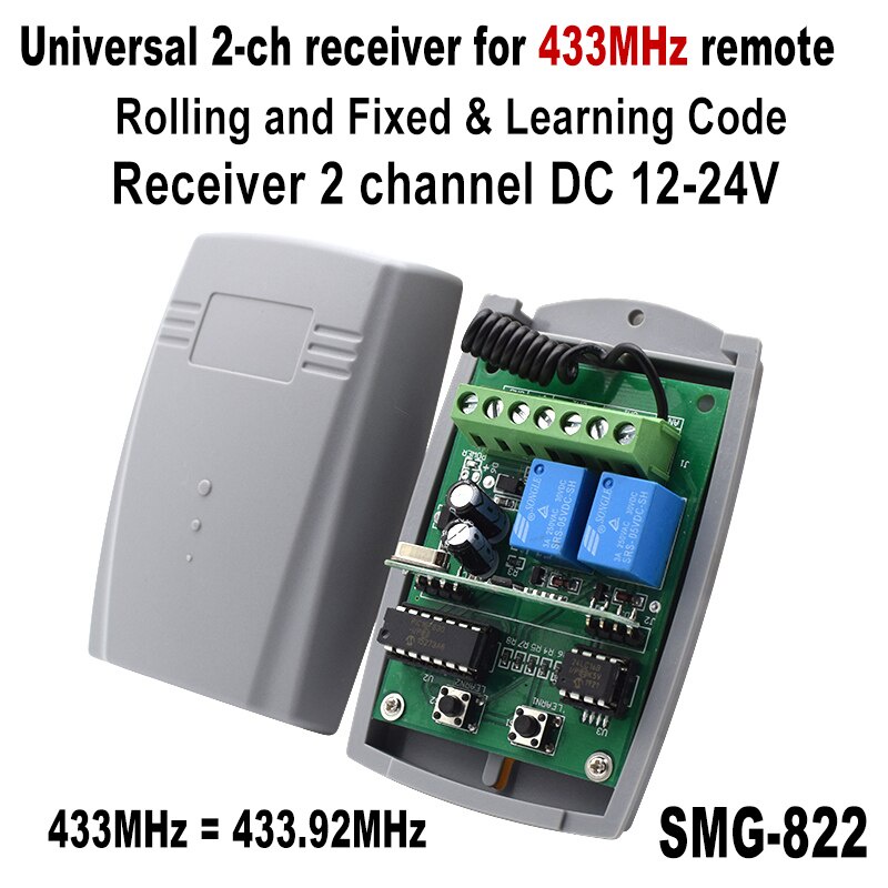 Universal 2 CH Receiver For 433 MHZ Remote Rolling&Fixed Code Receiver 2 channels DC 12V-24V ...