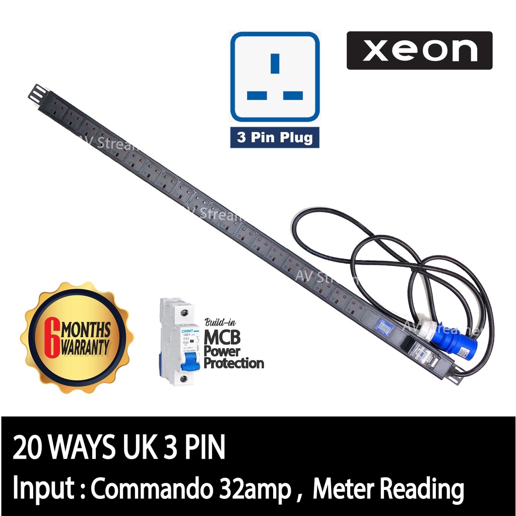 PDU Power Distribution Unit 20 ways UK 3 pin (32amp, meter reading ...