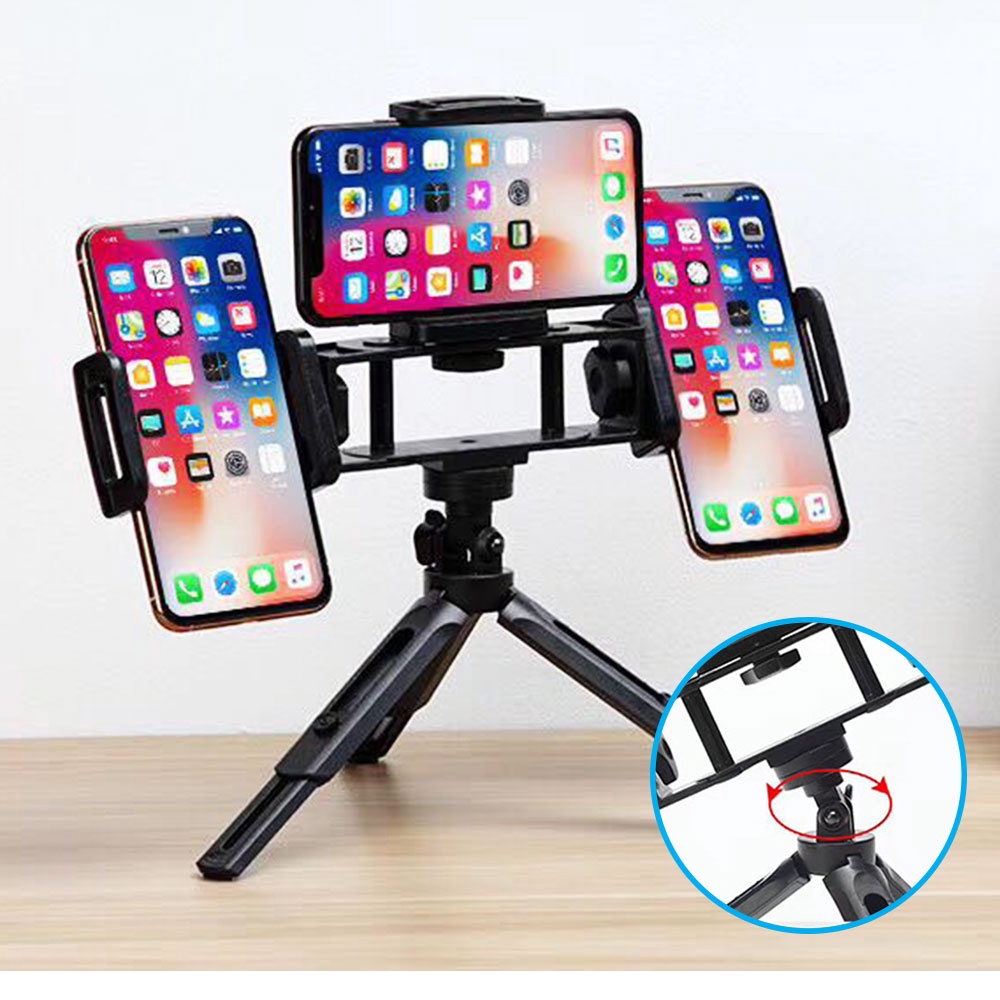 Tripod with 3 Phone Holder Head Adjustable Tabletop Selfie Photography ...