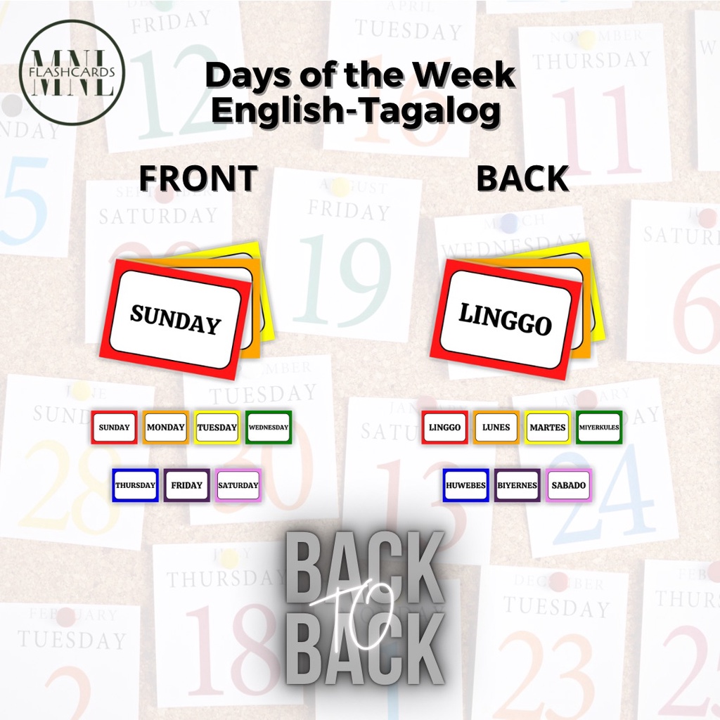DAYS OF THE WEEK- BACK TO BACK ENGLISH AND TAGALOG FULLY LAMINATED ...