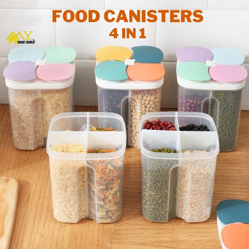 4 in 1 Food Storage Container Set Airtight Plastic Canisters 1.5L 2.5L ...
