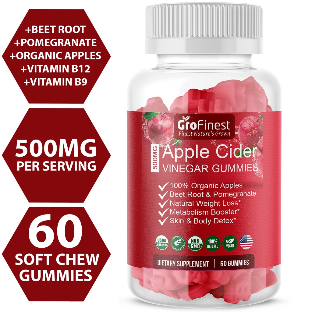 Grofinest Apple Cider Vinegar Gummy 500mg - Organic BeetRoot Pomegranate Vitamin Weight Loss ...