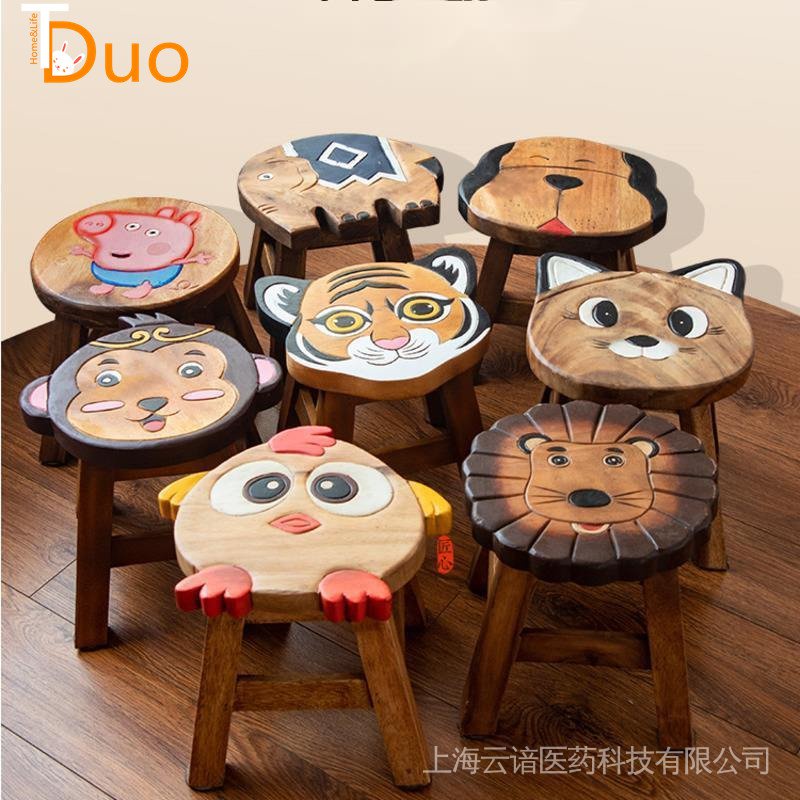 Children's Stool Solid Wood Cartoon Animal Small Bench Household Wood ...