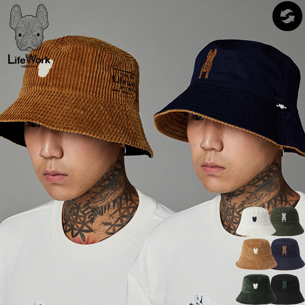 [LIFEWORK]100％ Authentic Corduroy Waffen Reversible Bucket Hat Double Face Korean Fashion ...
