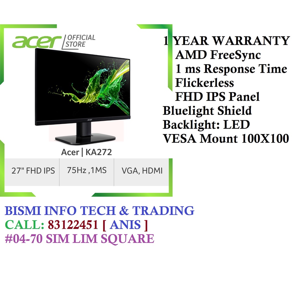 [BRAND NEW READY STOCAK 50 PCS]Acer KA272 bi 27" IPS Full HD Monitor ...