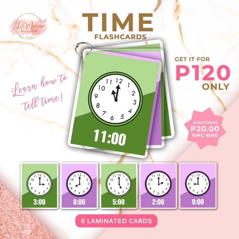 TIME CLOCK Laminated Educational Flashcards for Kids Toddlers Learning ...