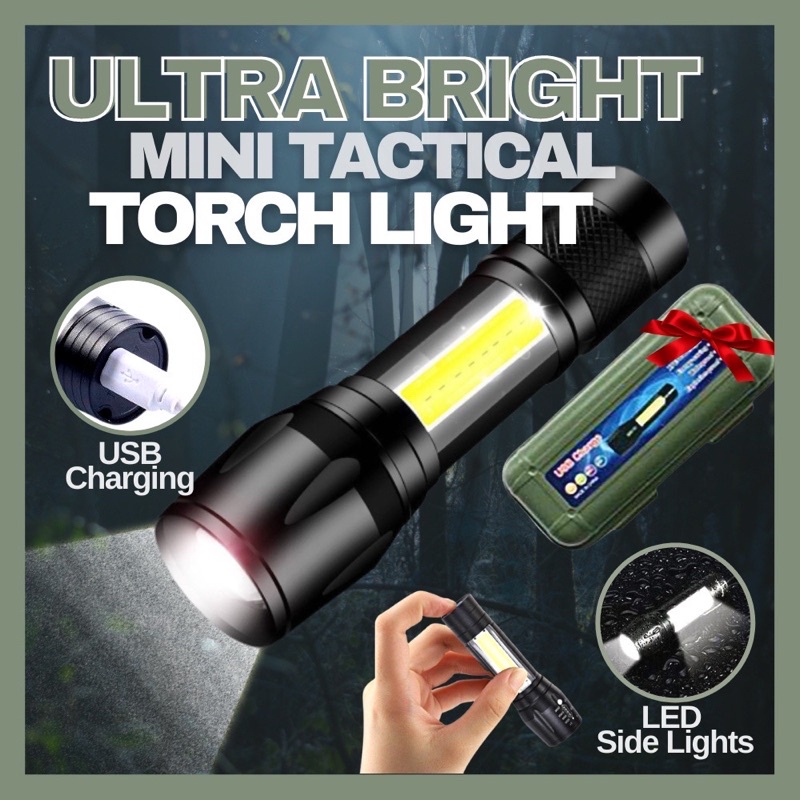 Mini Portable Flashlight Zoomable With Side Lights USB Torchlight ultra ...