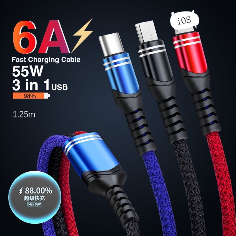 6A 66W Super Fast Charge 3 in 1 USB Cable Fast Charge 8 Pin Micro USB ...