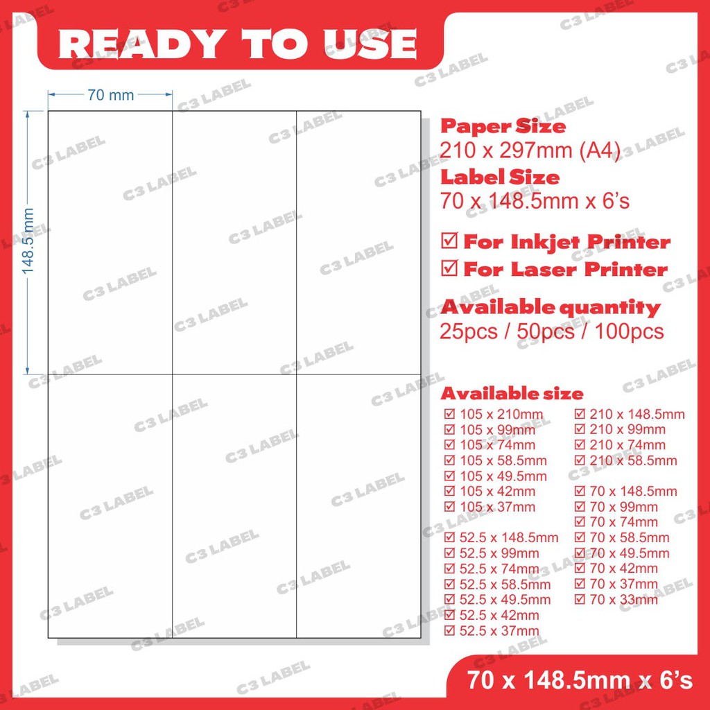 A4 - Pre Cut Blank Sticker / A4 - Blank Sticker / A4 Pre-cut Label - 70 ...
