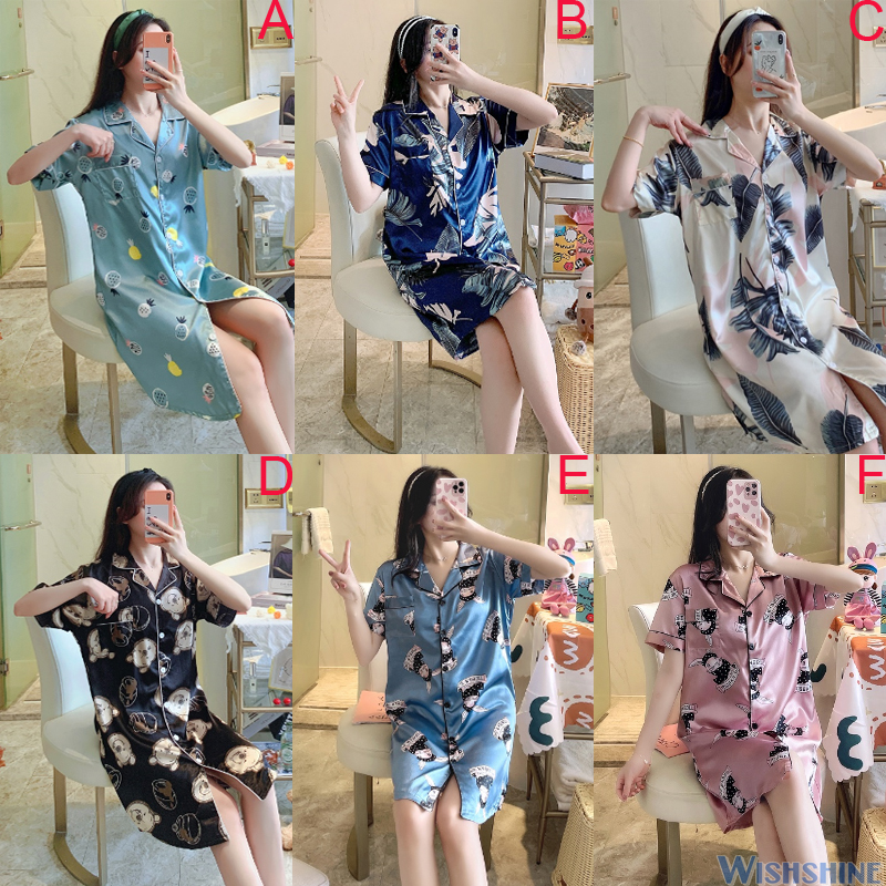 Korean Fashion Women Silk Satin Print Sleepwear Nightdress Pyjamas ...