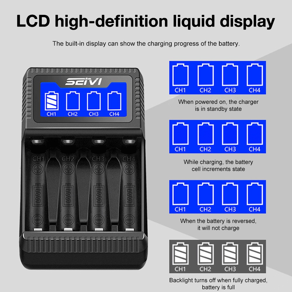4 Slot Smart Battery Charger with LCD Display USB Input Portable ...