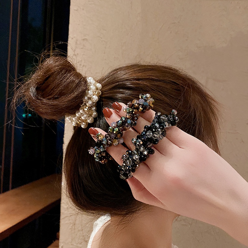 Crystal Pearl Beaded Hair Tie Crystal Beads Scrunchie Elastic Hair ...