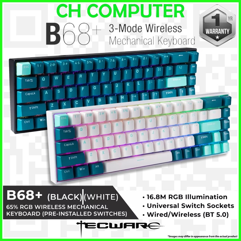 Tecware B68+ RGB Backlit Wireless Mechanical Keyboard, 3 Mode, 68-Key ...