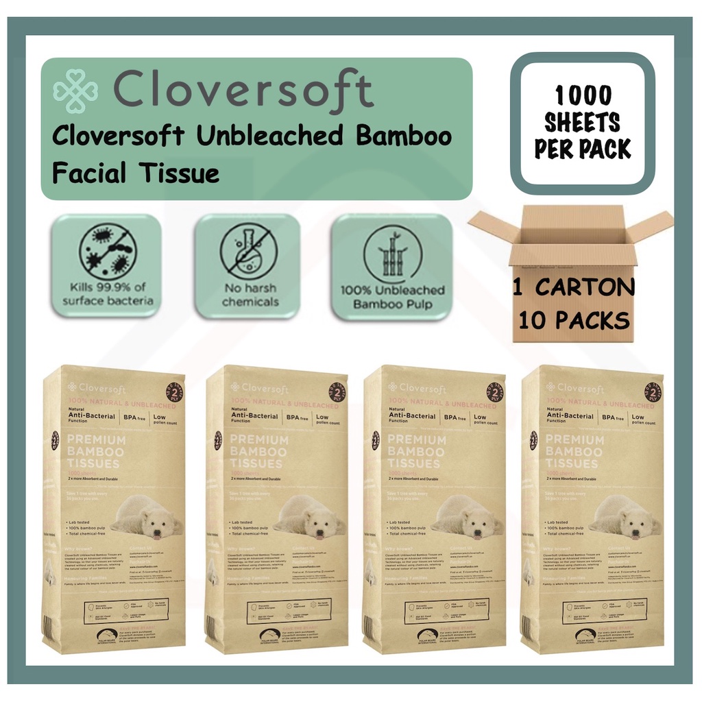 (1 CARTON 10 PACKS) Cloversoft Plant-Based Unbleached Bamboo Facial ...