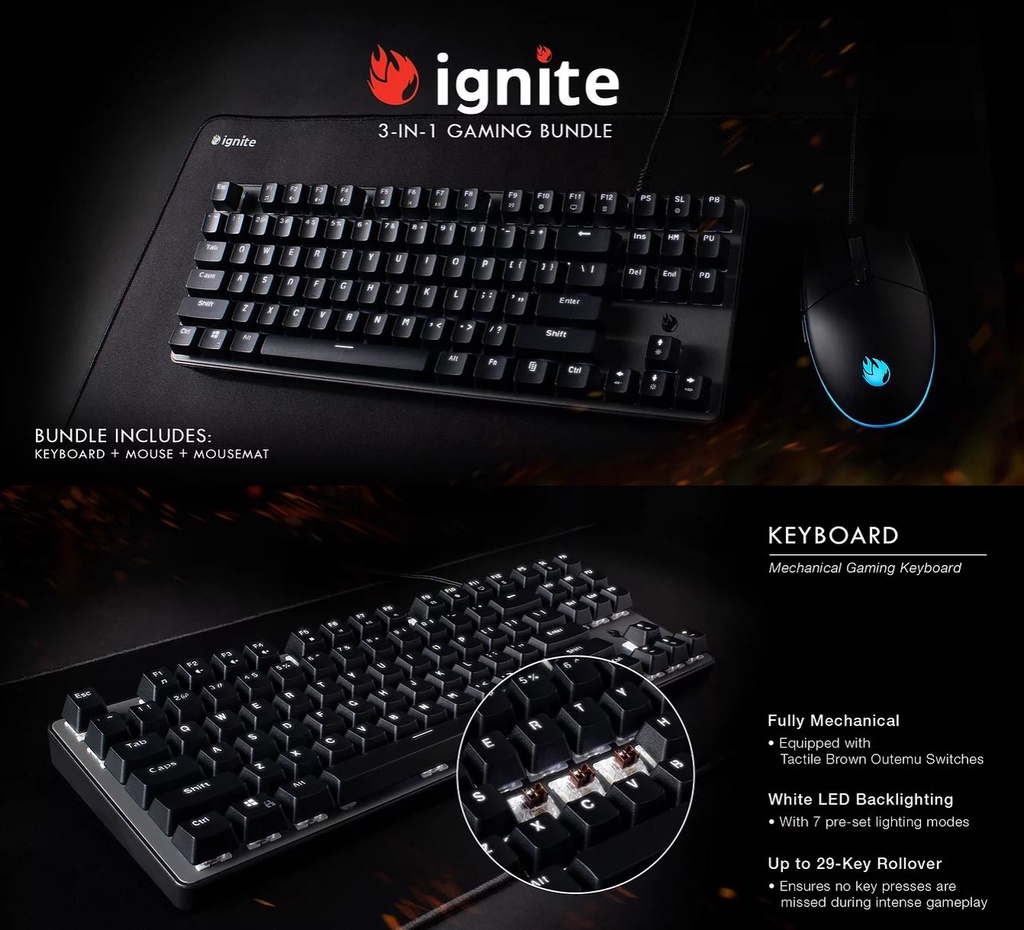 TECWARE IGNITE Gaming Bundle 3 IN 1 Mechanical 87 Keys Keyboard + RGB ...