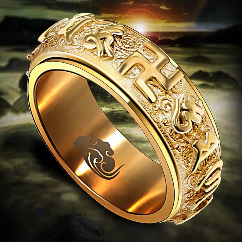 Buddhism Six-Character Mantra Transfer Lucky Titanium Steel Ring ...