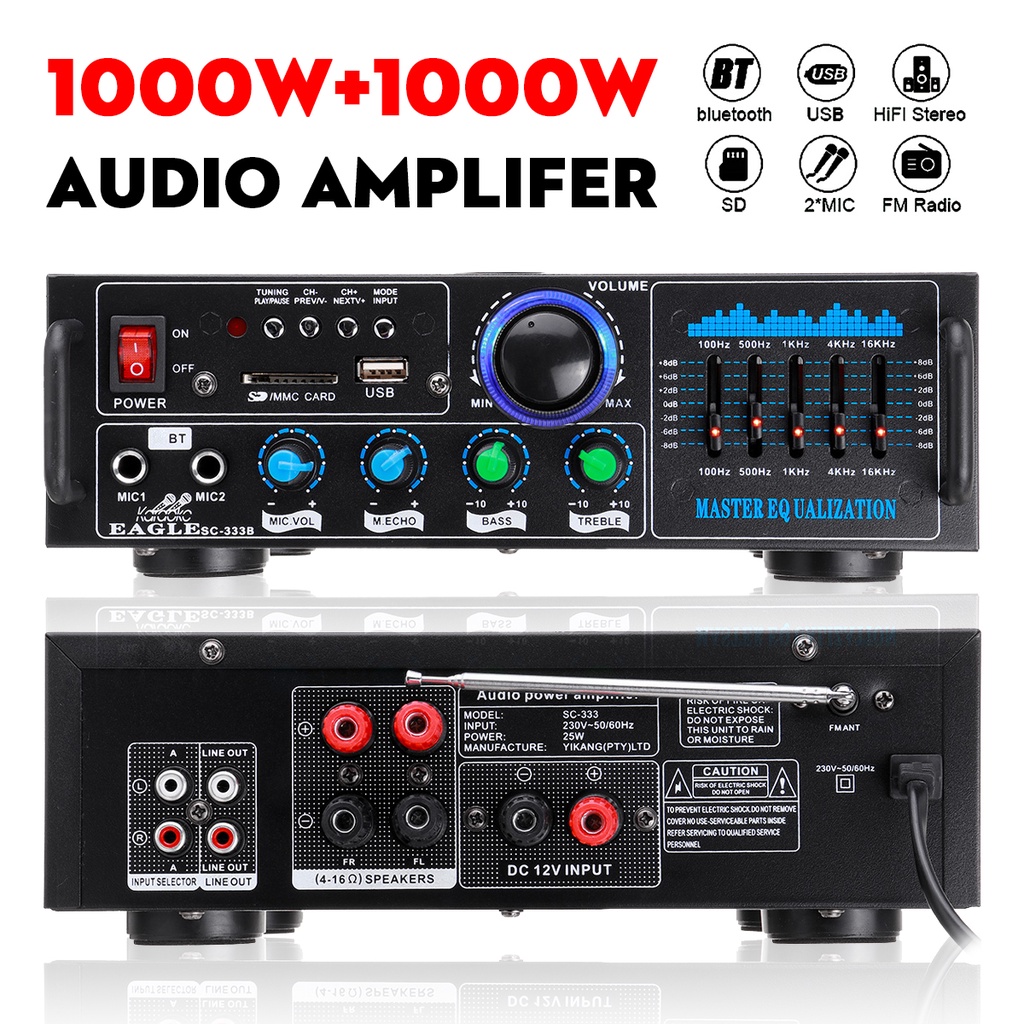1000W+1000W 2 Micphone bluetooth Stereo Amplifier Surround Sound Mixer ...