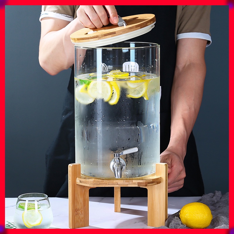 5L/10L/15L Glass Water Jug With Wooden Stand And Bamboo Lid Transparent ...