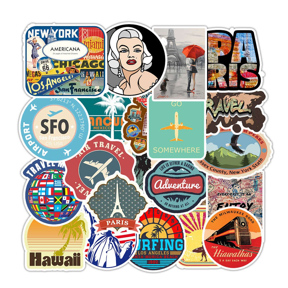 50 PCS Retro Travel Stickers Astronaut Stickers Decal For Snowboard ...