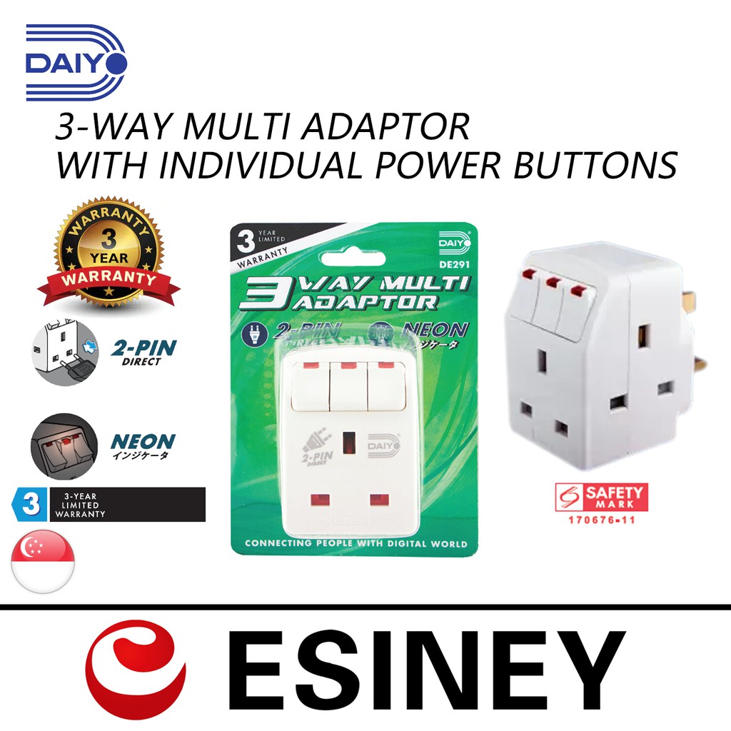 Daiyo DE 291 3 Way Multi Adaptor With Switch & Neon (Packet of 2 ...