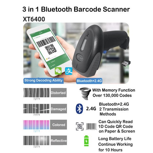 1D/2D BLUETOOTH/2.4G/Wired BARCODE SCANNER QR Code Scanner Handheld 2 ...