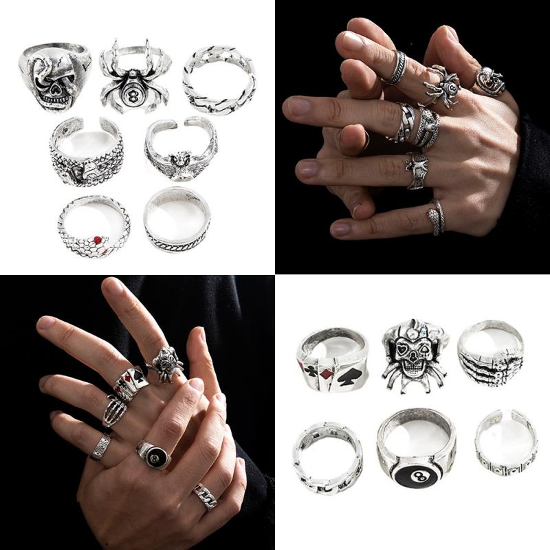 7/6pcs Men's Vintage Ring Fashion Hip Hop Ring Skull/Spider/Bat Men's ...