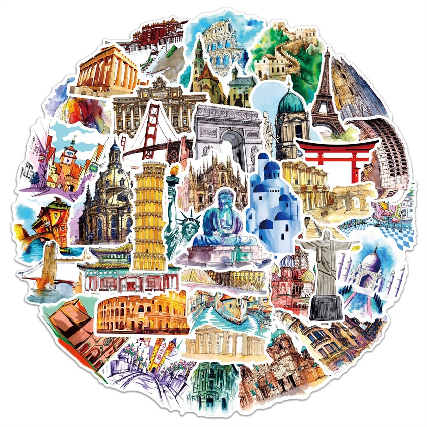 50Pcs/Set World Famous Buildings Series 01 Culture & Arts Stickers DIY ...