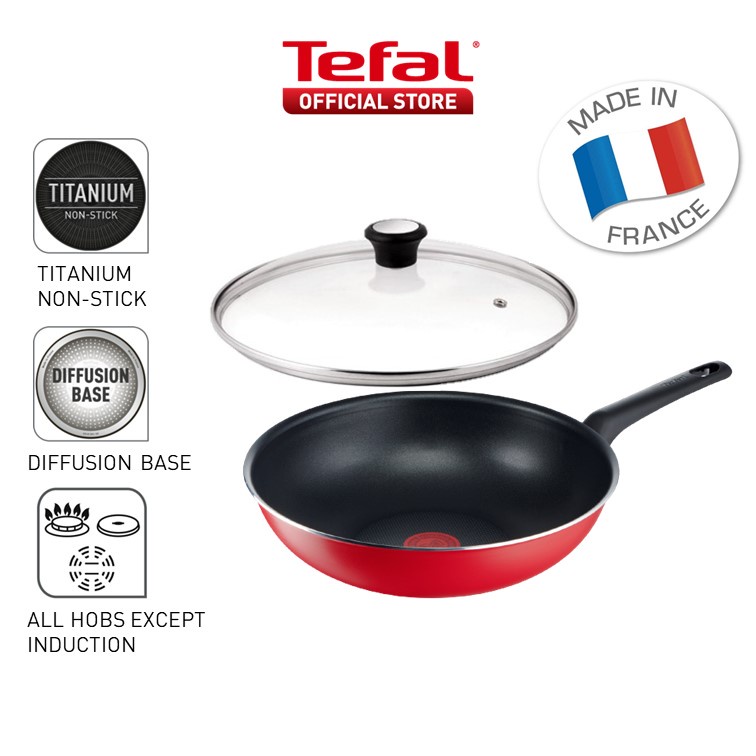 Tefal Easy Red 28cm Wok Pan with lid Set ( B59219 + 280977N) CWS312 ...