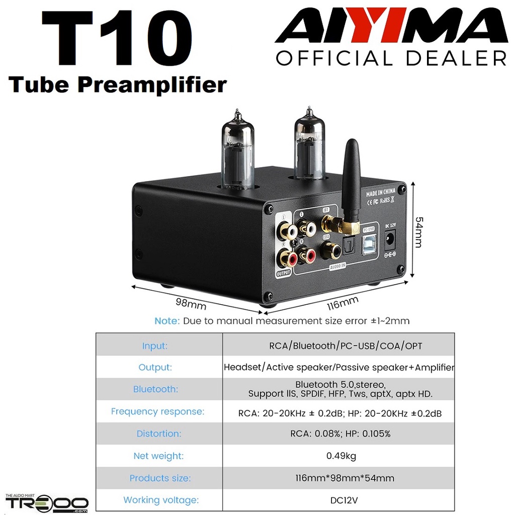 AIYIMA TUBE-T10 (T10) Wireless Bluetooth Streamer, Coaxial / Optical / USB DAC & Tube ...