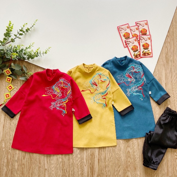 Red, Yellow, Blue Dragon Embroidered Velvet Ao Dai Set for Boys 2 - 6 ...