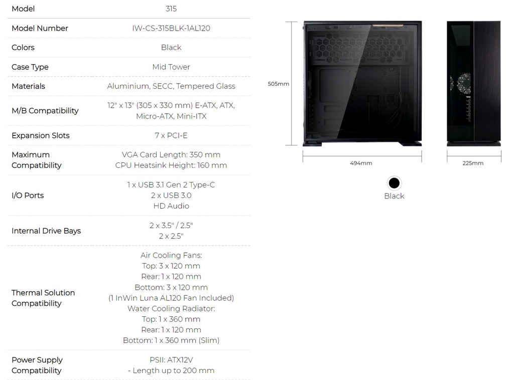 InWin 315 Mid Tower EATX Aluminum Chassis - includes 1x AL120 LUNA ARGB ...