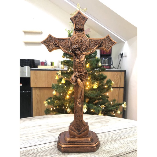 Cross Display Sitting Spiritual Catholic Table Copper Benedict Fiber ...
