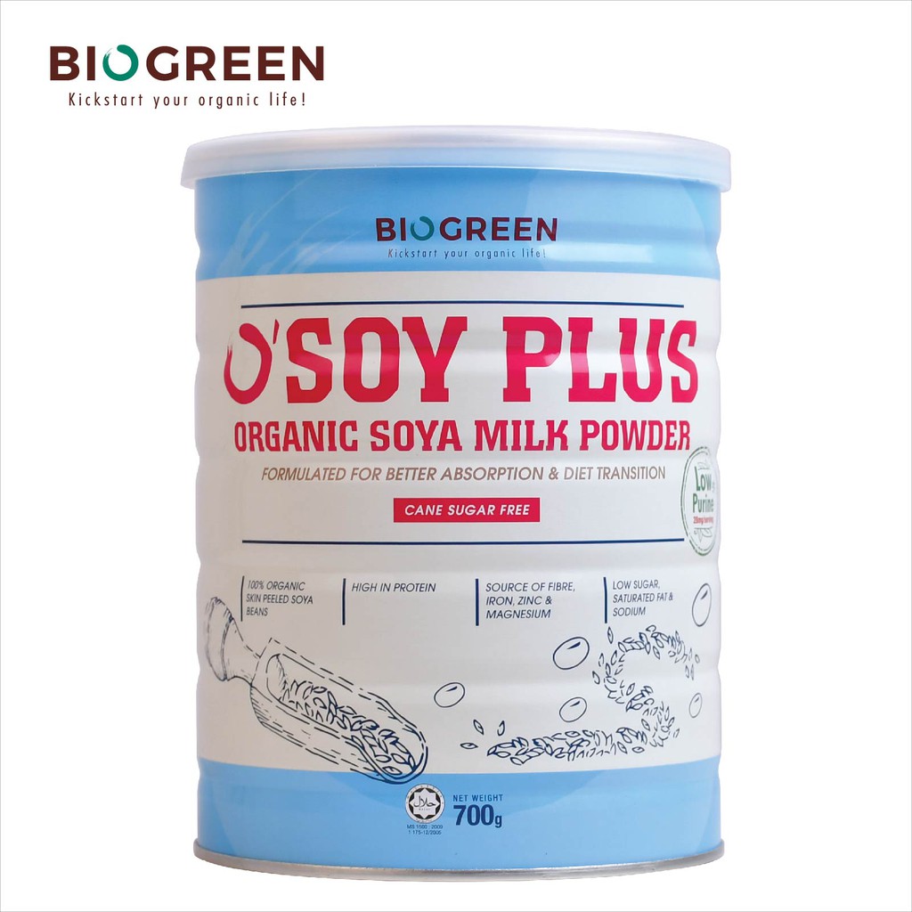 Biogreen O’Soy Plus Organic Soya Milk (Cane Sugar Free) 700g [Non-GMO ...