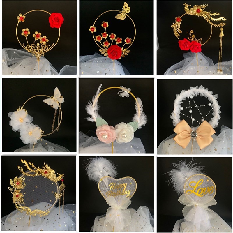 Gold wrought iron cake Topper decoration retro style with feather rose ...