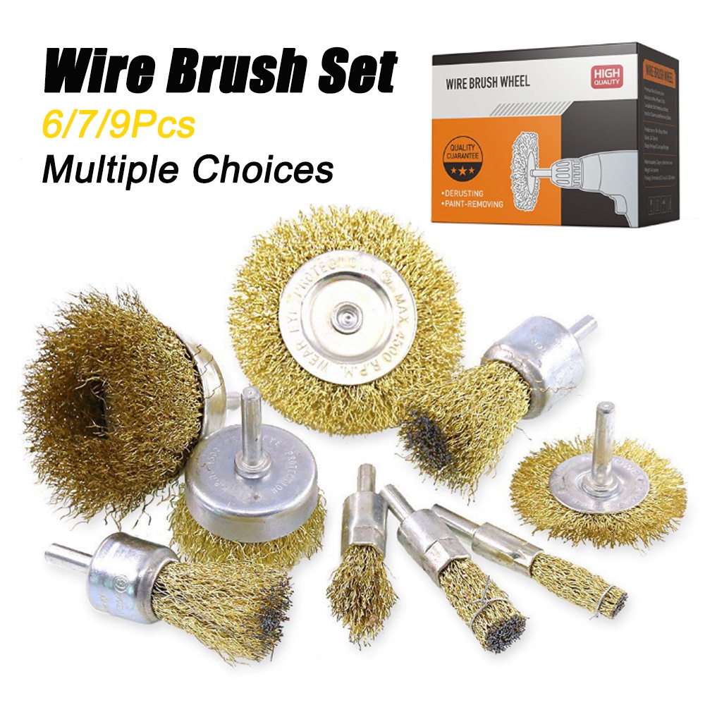 6/7/9Pcs Copper-plated Wire Brush Wheel Brushes 6mm Shank Metal Rust ...