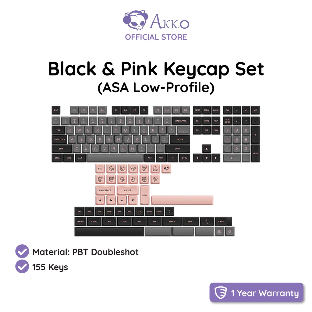 AKKO Black & Pink Keycap Set - ASA-Low Profile (155-key) | Shopee Singapore