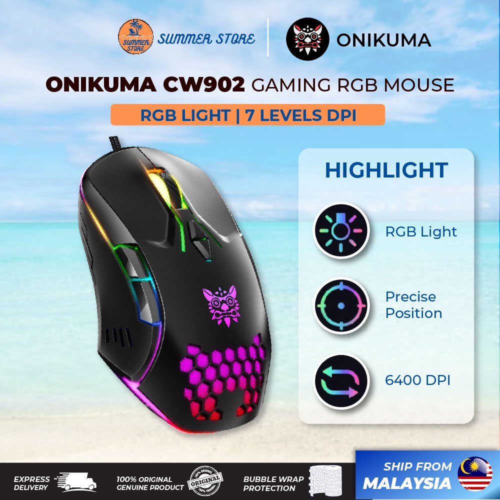 Onikuma CW902 Configurable RGB LED Light Gaming Mouse 7 Action Button Keys Adjustable 6 Level ...