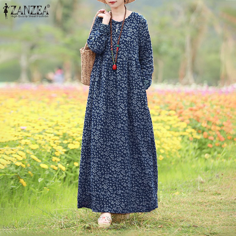 ZANZEA Women Long Sleeve Floral Printed Vintage Pockets Crew Neck Maxi ...