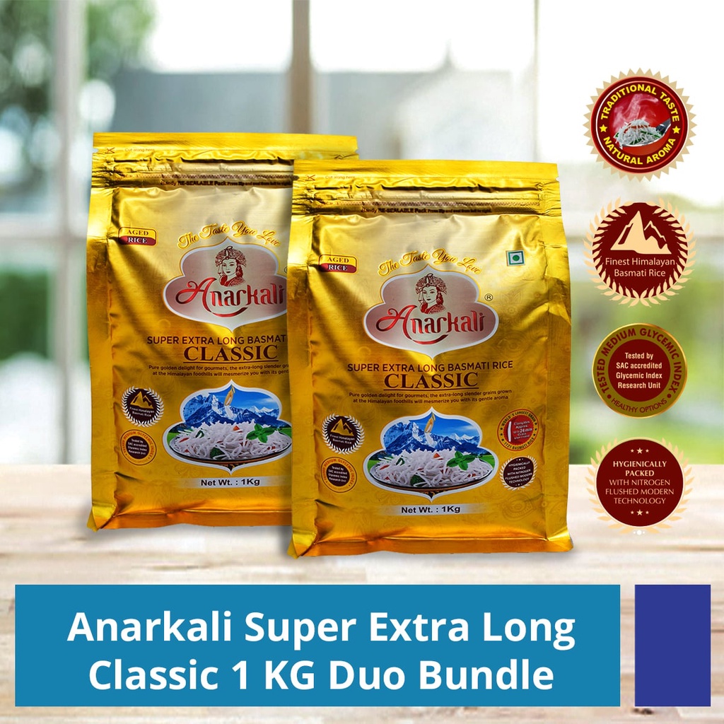 Anarkali Extra Long Classic Basmati Rice Medium GI Rice 1 KG Duo Bundle ...