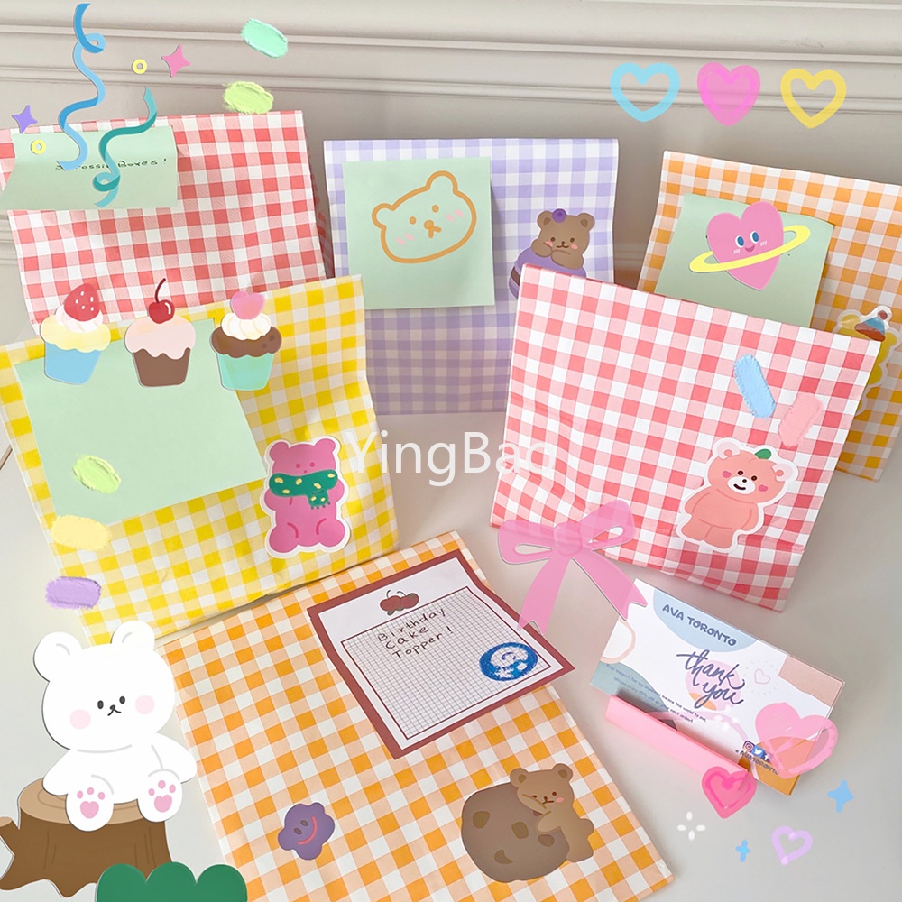 10pcs Kraft Paper Bag Stand Up Colorful Lattice Bag Favor Open Top Gift ...