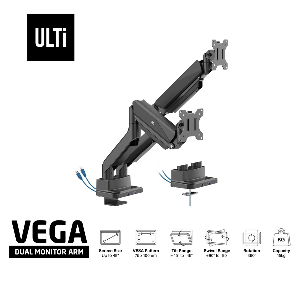 ULTi Vega Heavy Duty Dual Monitor Arm with USB 3.0 Ports, Compatible ...