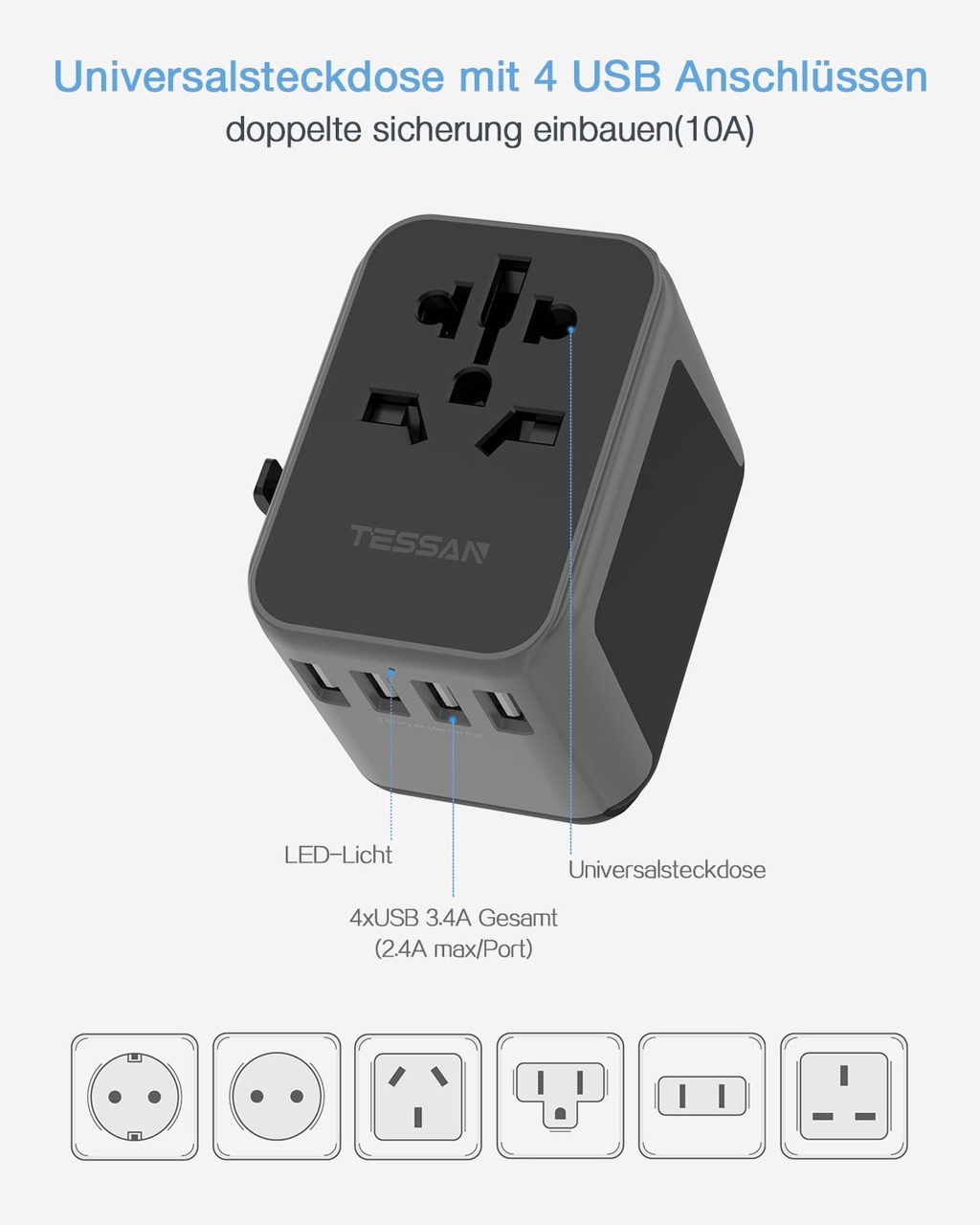 TESSAN Universal Power Travel Adapter Plug with 4 USB Worldwide All in ...