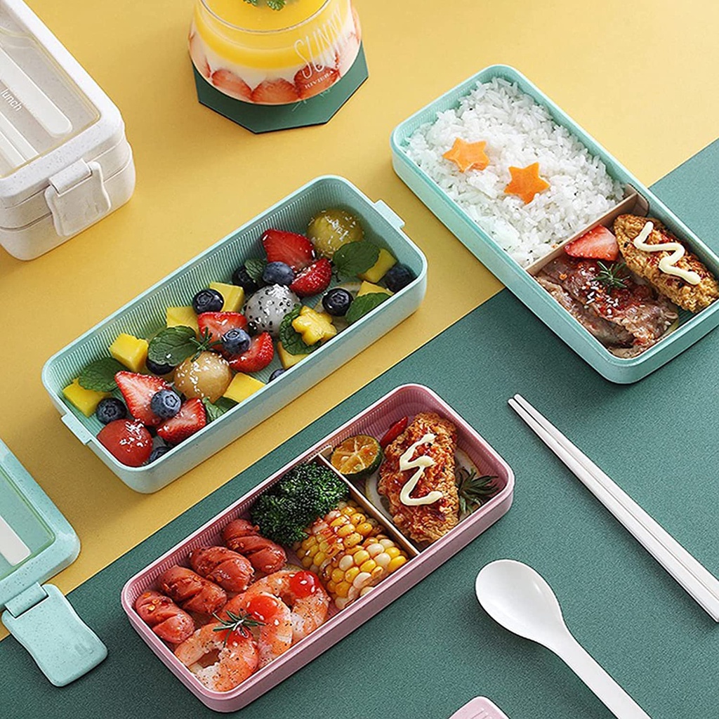 Stackable Bento Box Japanese Lunch Box Kit with Spoon & Fork, 3-In-1 ...