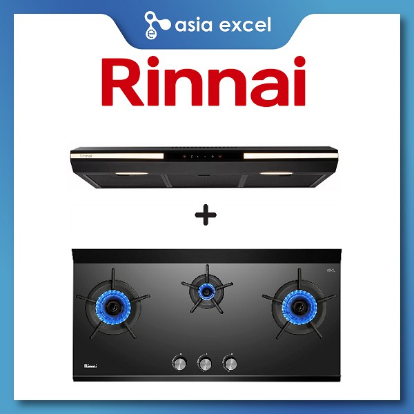 RINNAI RH-S3059-PBW 90CM BLACK SLIMLINE HOOD + RINNAI RB-3CGN 3 BURNER INNER FLAME GAS HOB ...
