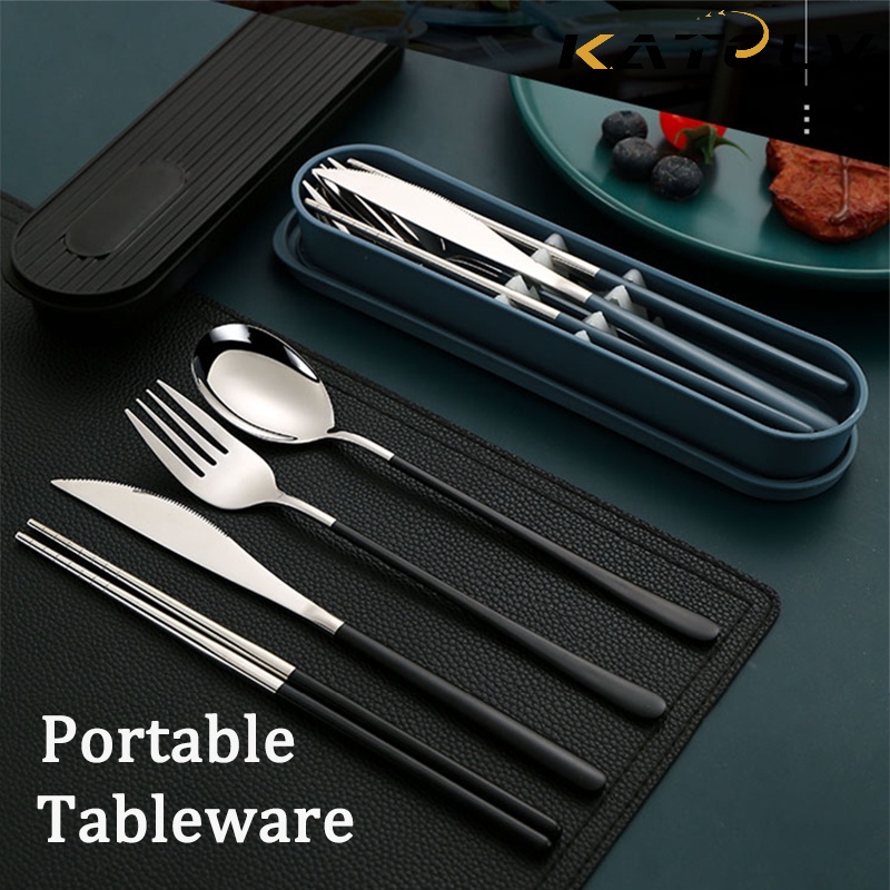 KATELV 4pcs/set Portable Tableware Set Stainless Steel Travel ...