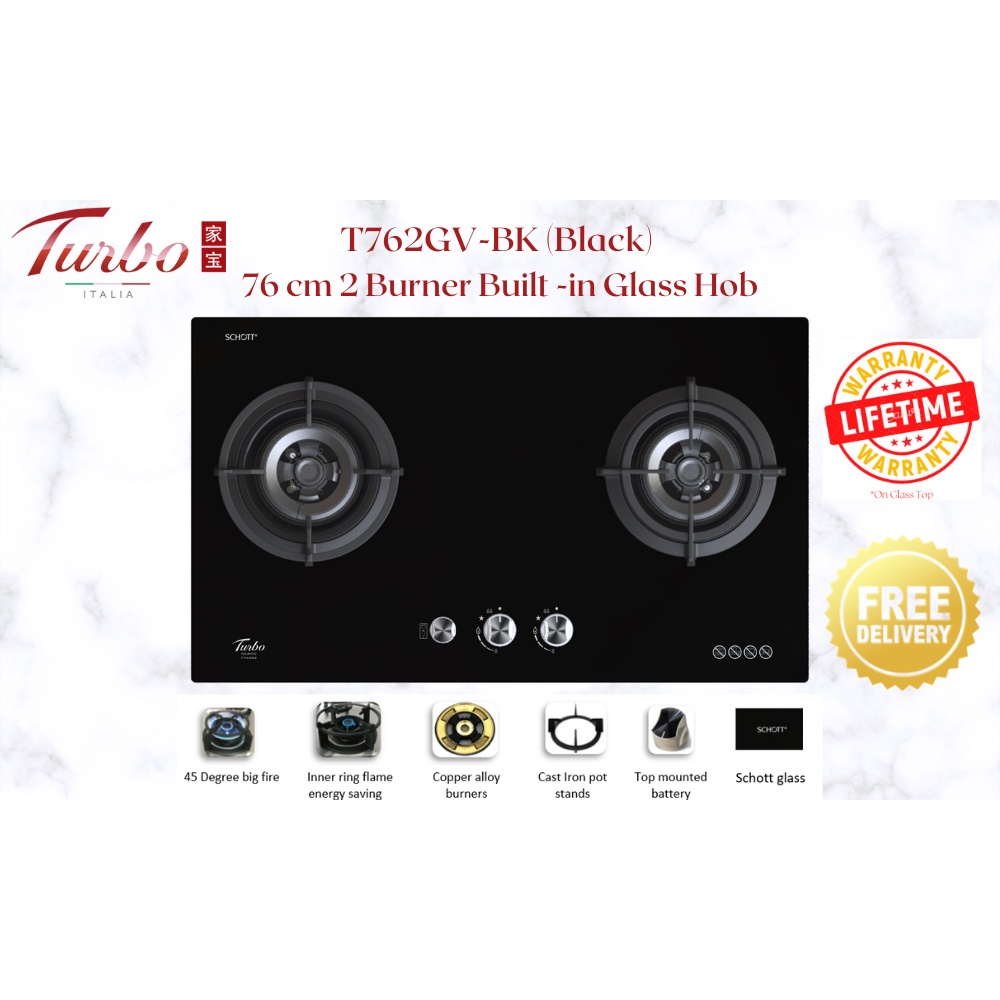 Turbo Italia - Turbo Incanto T762GV-BK 76cm 2 burners built-in glass hob | Shopee Singapore
