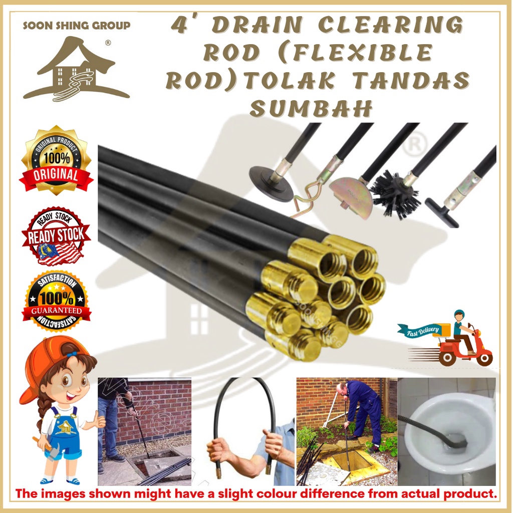 4FT DRAIN FLEXIBLE CLEANING ROD / WORM SCREW / WHEEL / SCRAPER / RUBBER ...