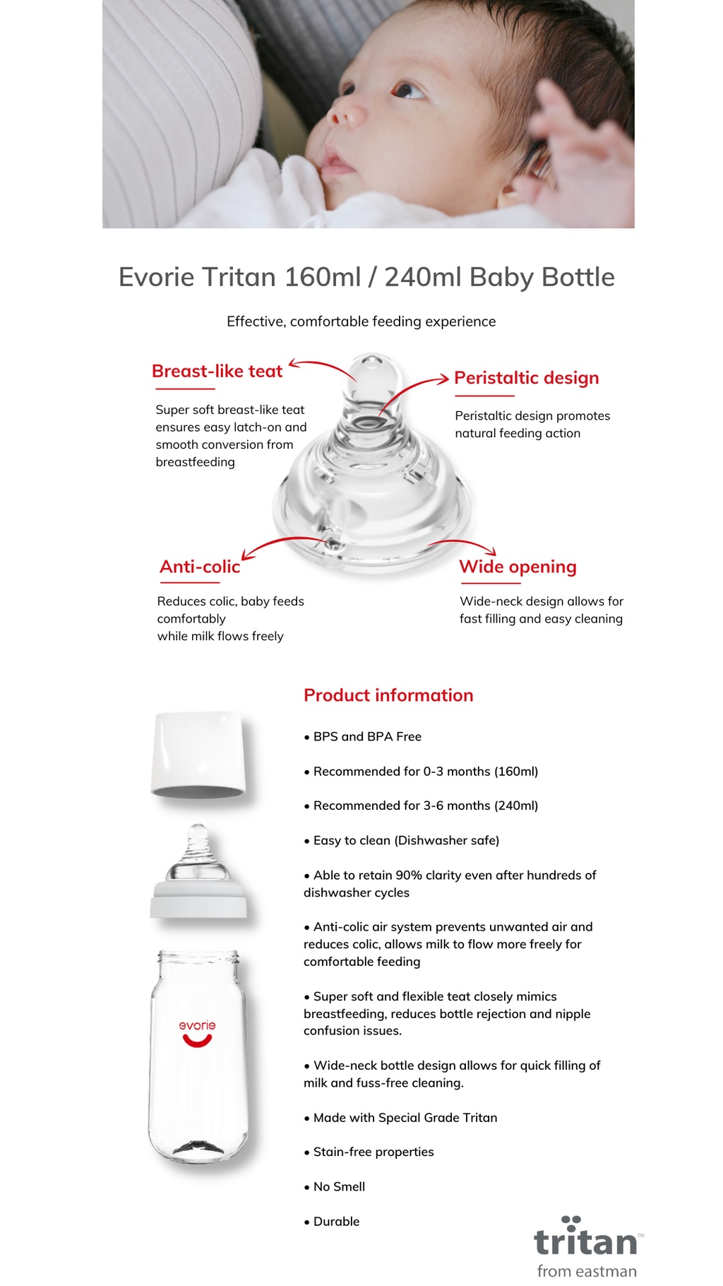 Award-Winning Evorie Tritan Baby Milk Feeding Bottle, Natural Soft ...