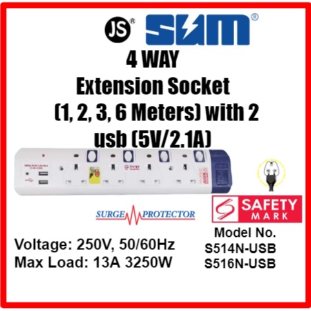4 & 6 Way Extension Socket with 2 USB, Surge Protector with Safety Mark ...